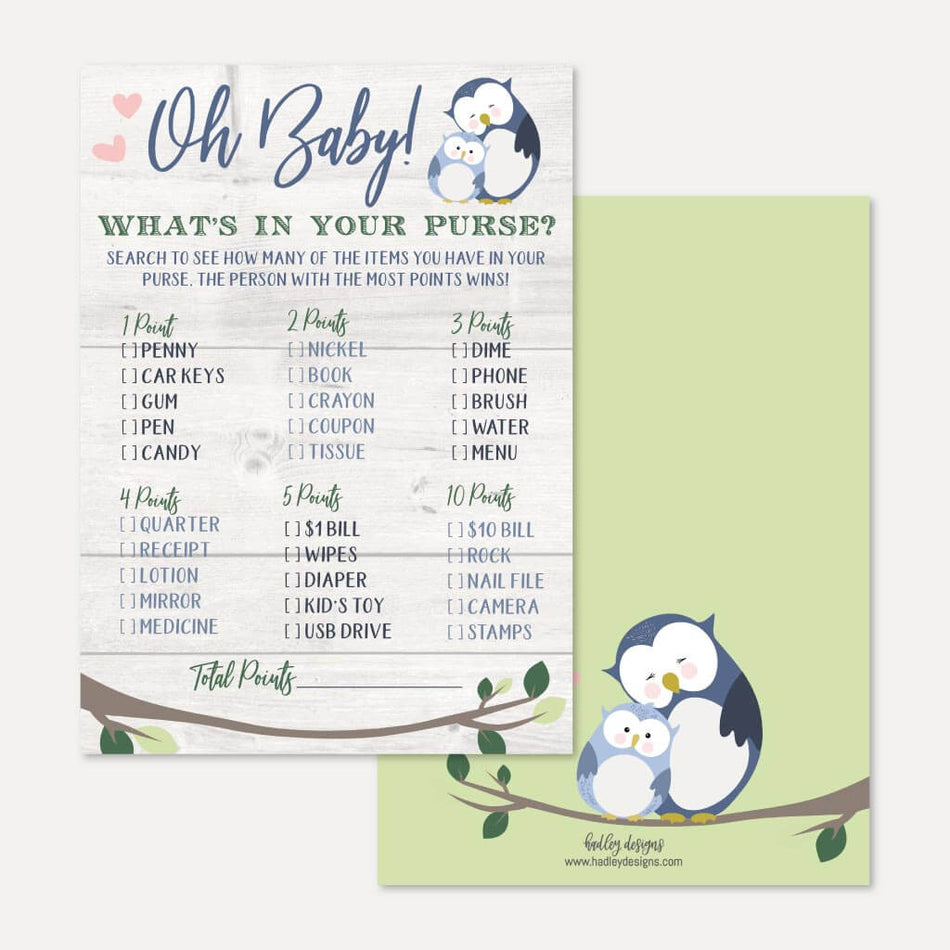 Printable Owl Boy Baby Shower What's In Your Purse? Game Template ...