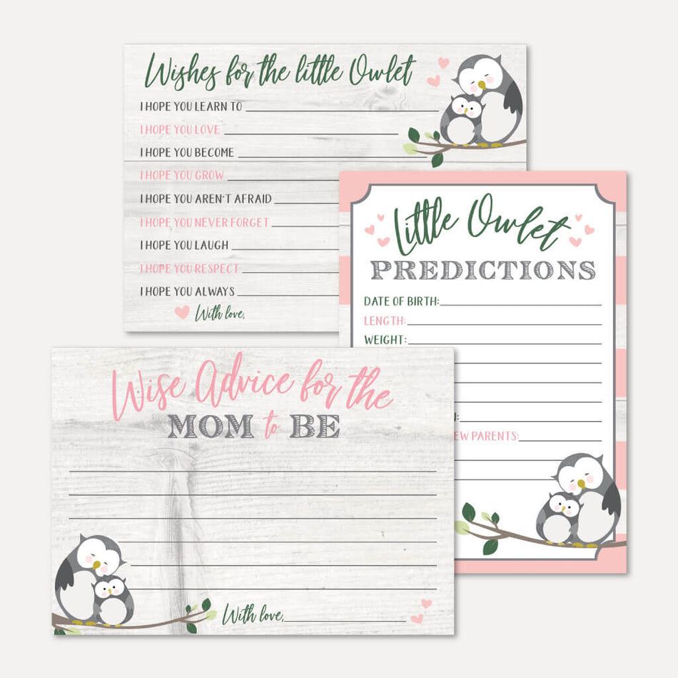 Printable Owl Girl Baby Shower Predictions, Advice, and Wishes Set ...