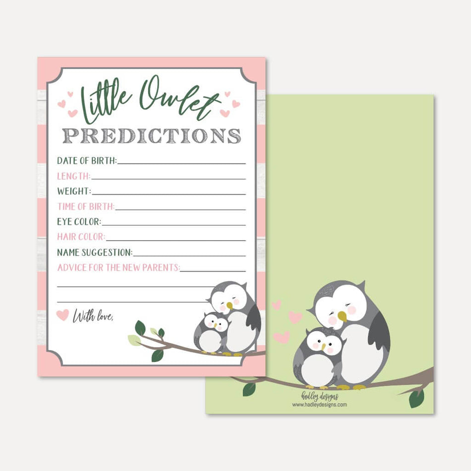 Printable Owl Girl Baby Shower Predictions Card Template | Hadley Designs