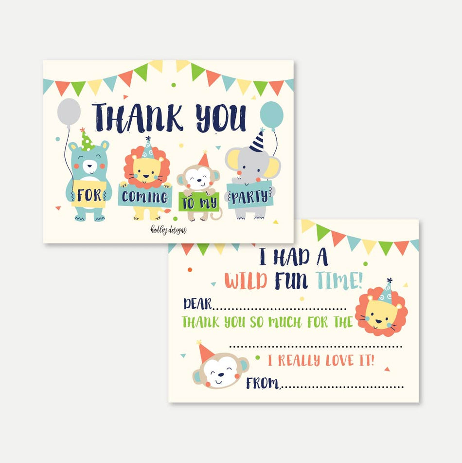Printable Animal Kids Party Fill In The Blank Thank You Card Template ...