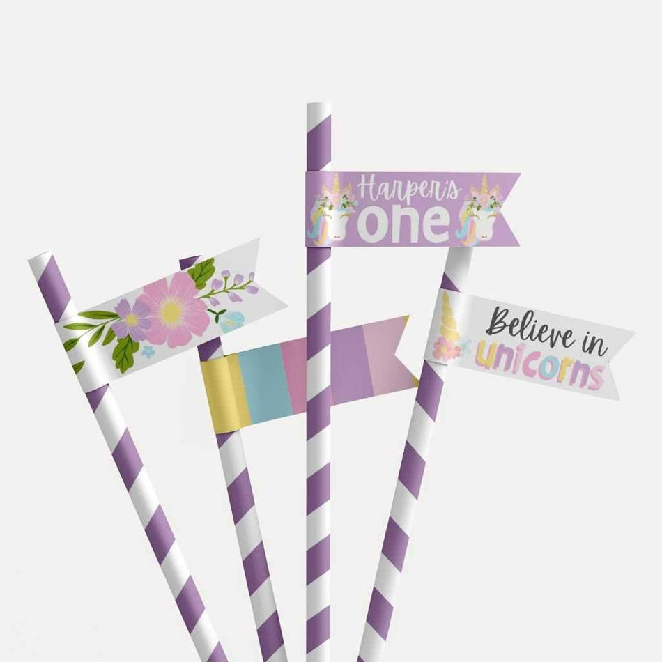 Printable Pastel Floral Unicorn Kids Party Straw Flags Template ...