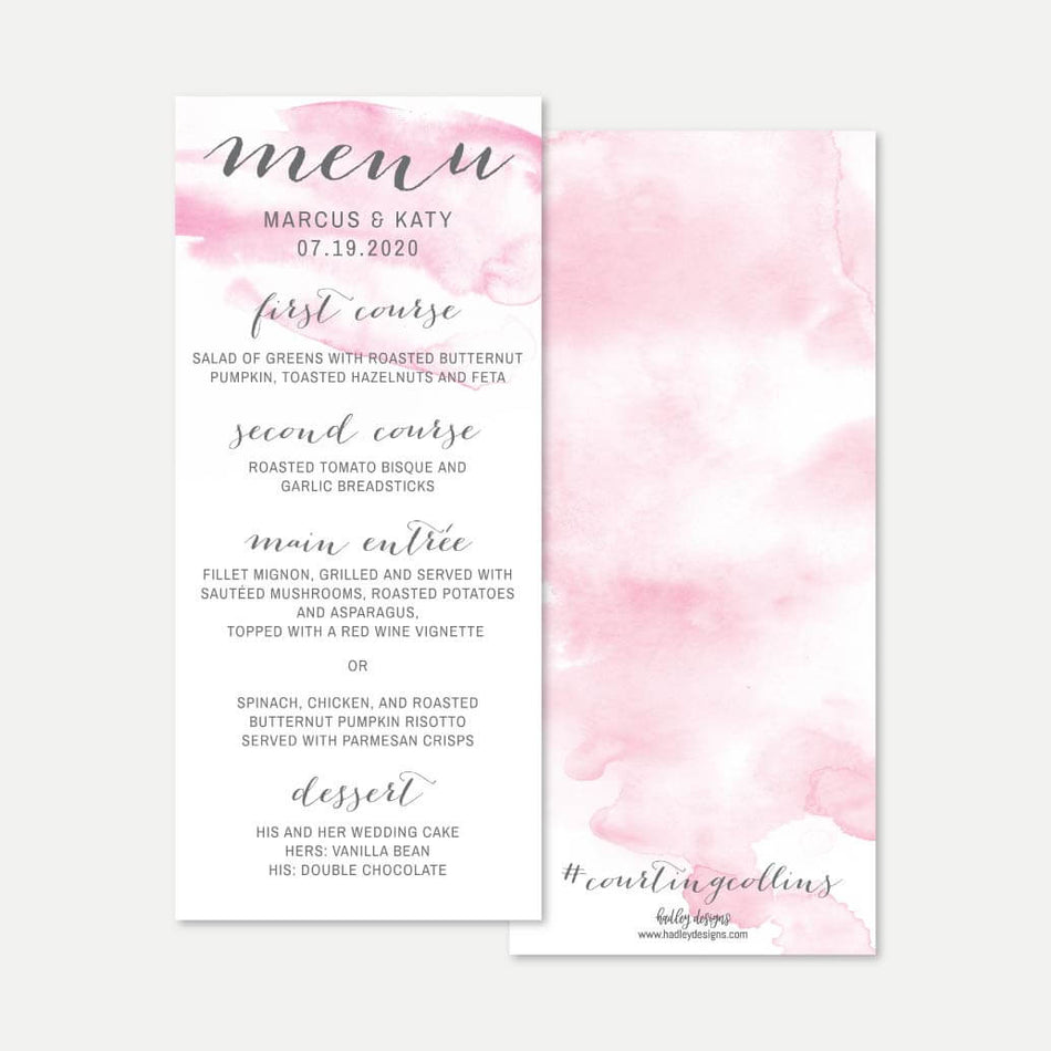 Printable Pink Watercolor Splash Wedding Menu Template | Hadley Designs