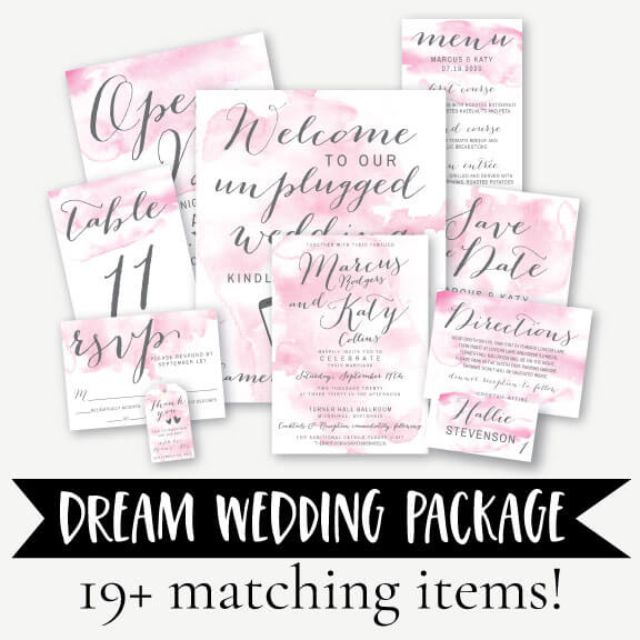 Printable Pink Watercolor Splash Wedding Complete Package Templates ...