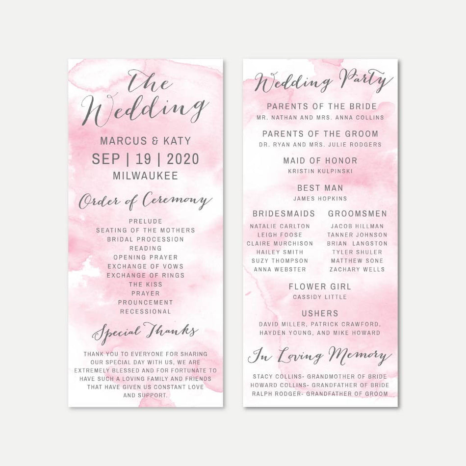 Printable Pink Watercolor Splash Wedding Program Template | Hadley ...