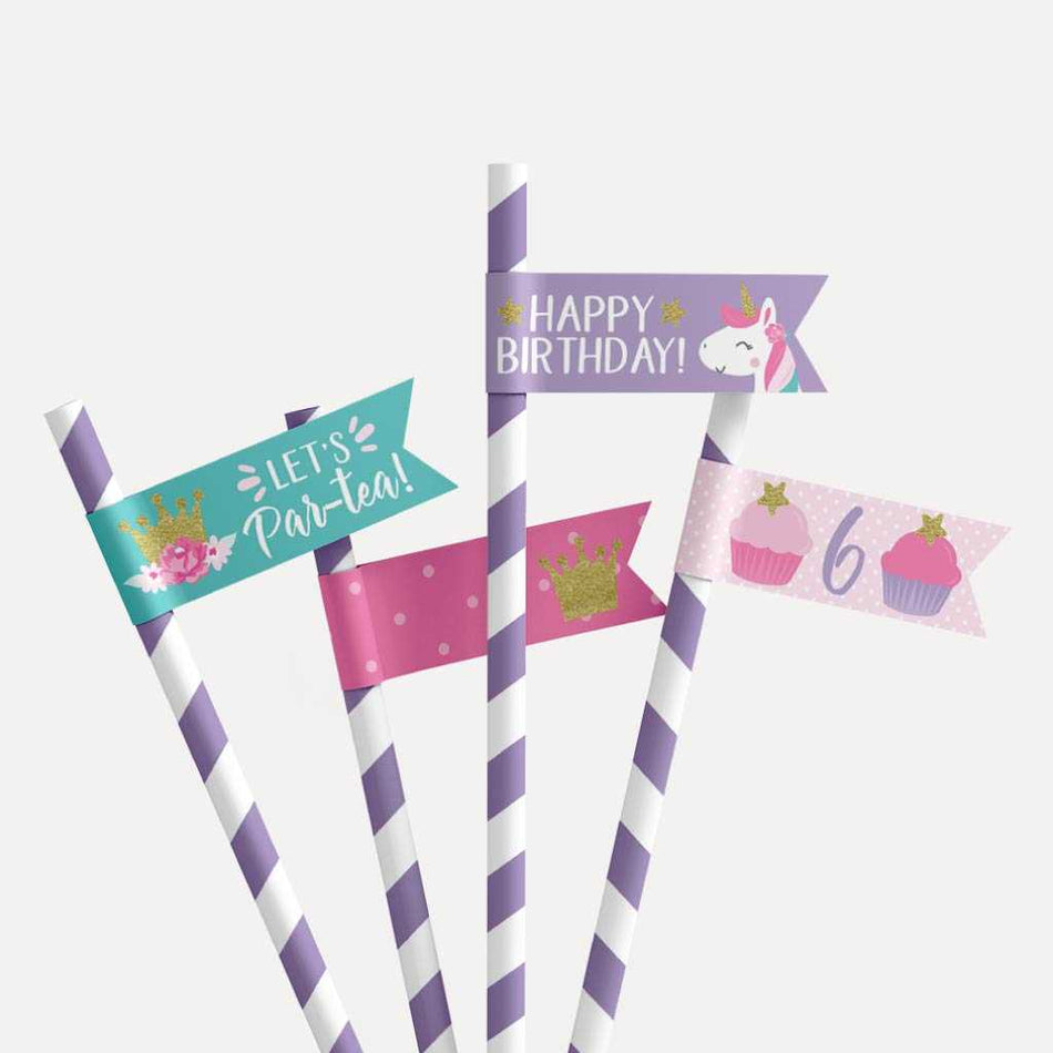 Printable Princess Tea Kids Party Straw Flags Template | Hadley Designs ...