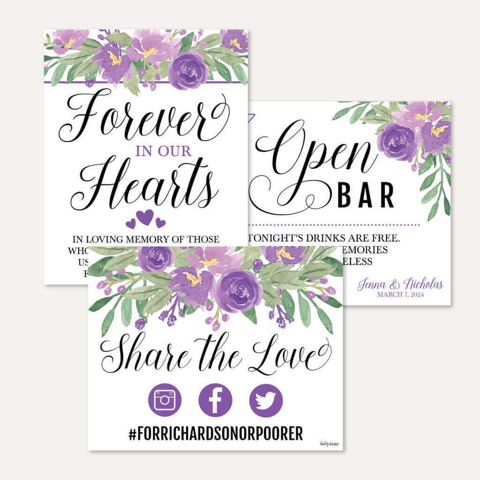 Printable Purple Floral Arch Wedding Signs Set Templates | Hadley ...