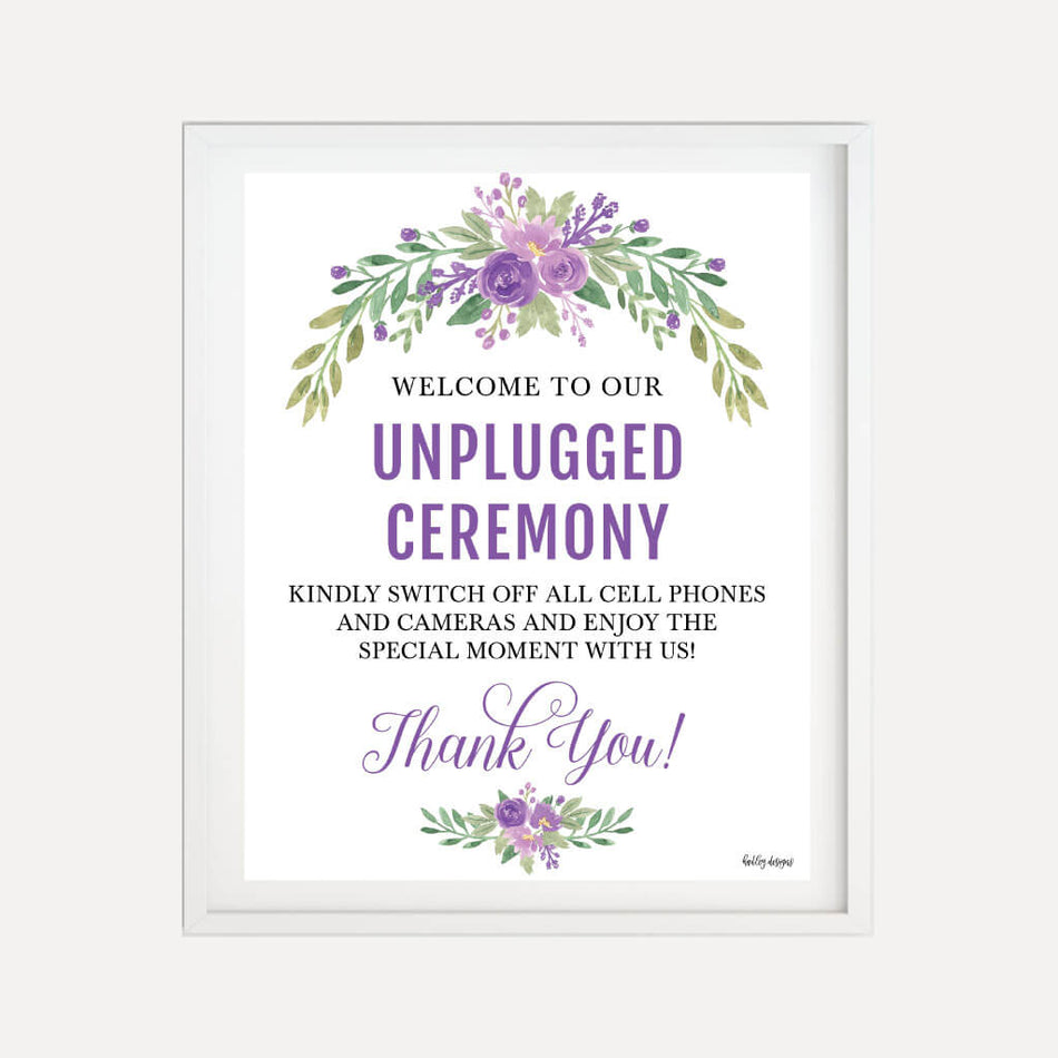Printable Purple Floral Arch Wedding Unplugged Ceremony Sign Template ...