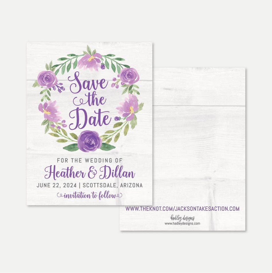 Printable Purple Floral Rustic Wedding Save The Date Template | Hadley ...