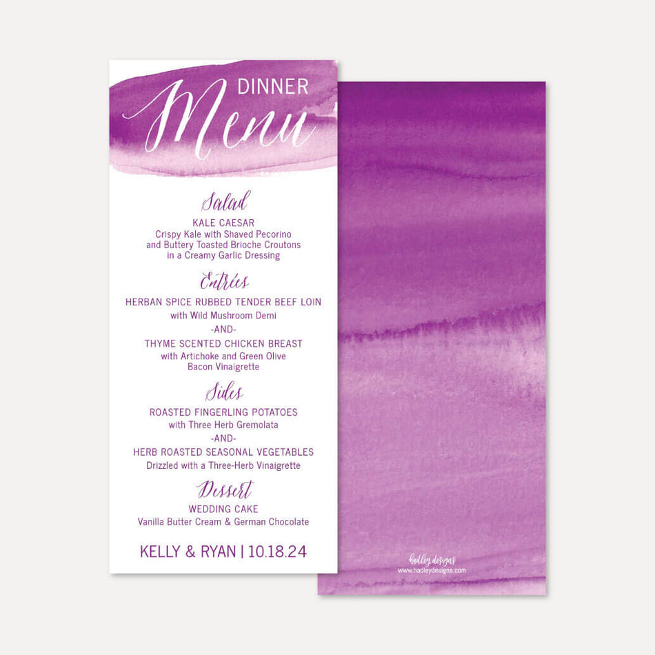 Printable Purple Watercolor Wedding Menu Template | Hadley Designs ...