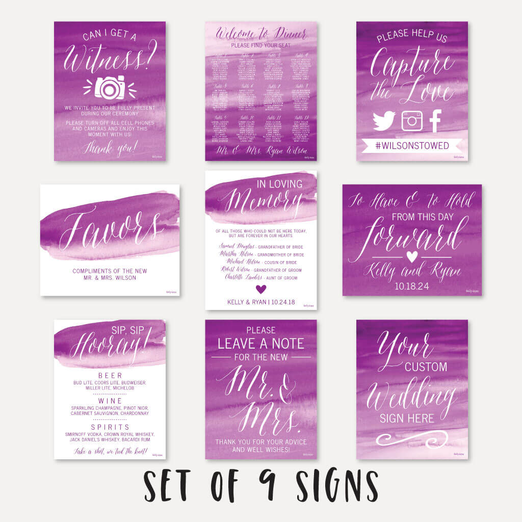 Printable Purple Watercolor Wedding Signs Set Templates | Hadley ...