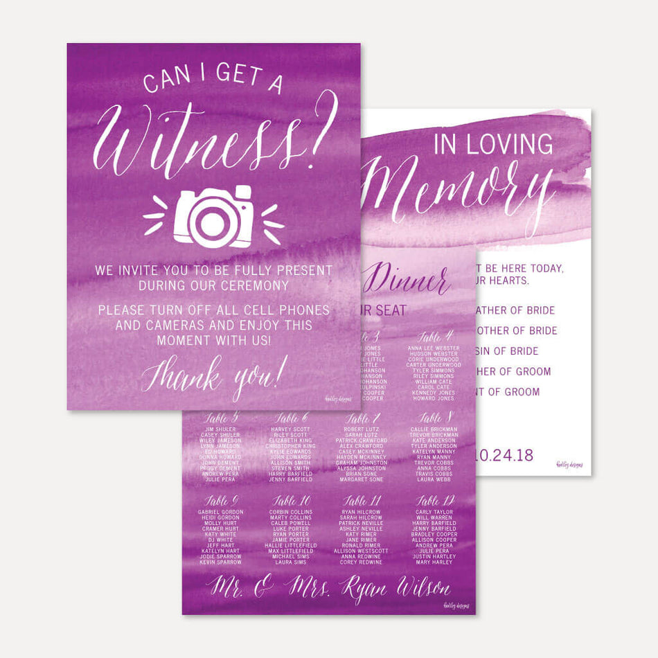 Printable Purple Watercolor Wedding Signs Set Templates | Hadley ...