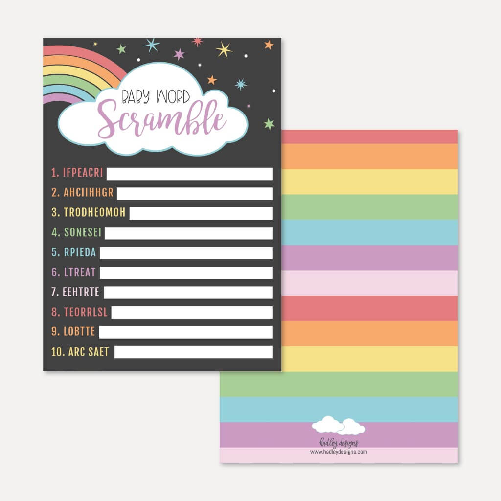 Printable Rainbow Baby Shower Word Scramble Game Template | Hadley Designs
