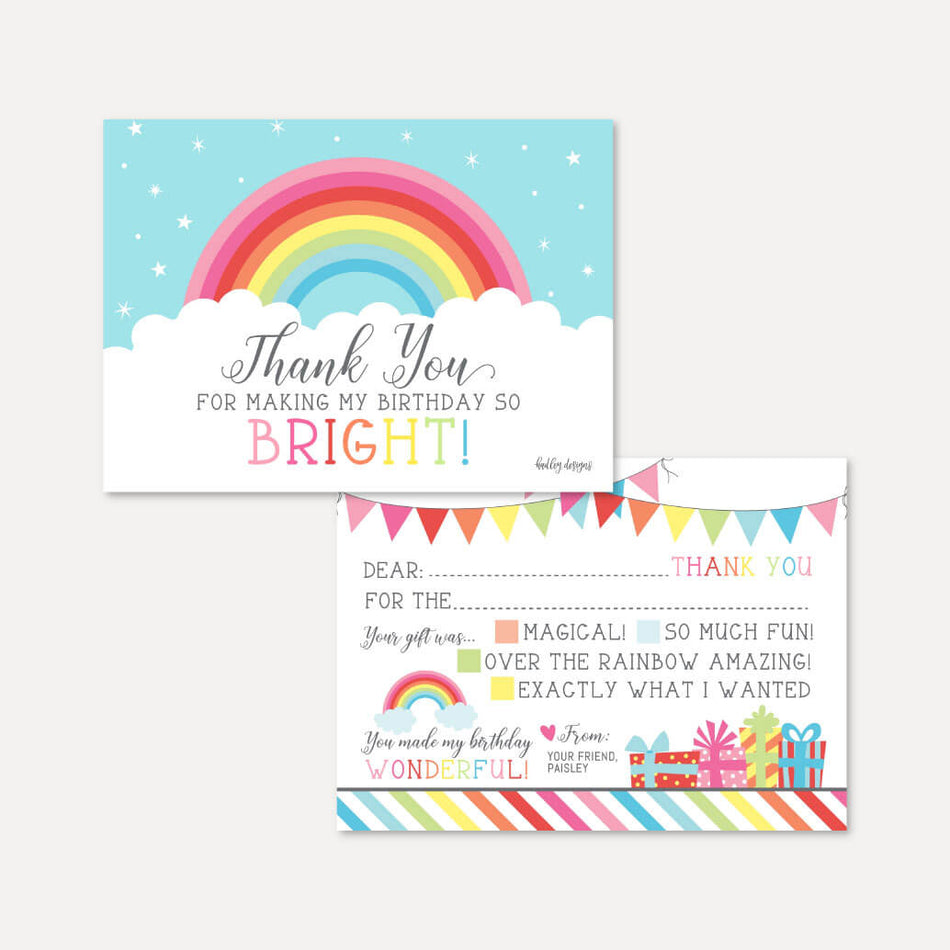 Printable Rainbow Kids Party Fill In The Blank Thank You Card Template ...