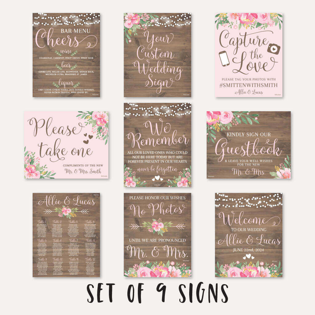 Printable Rustic Blush Floral Wedding Signs Set Templates | Hadley Designs