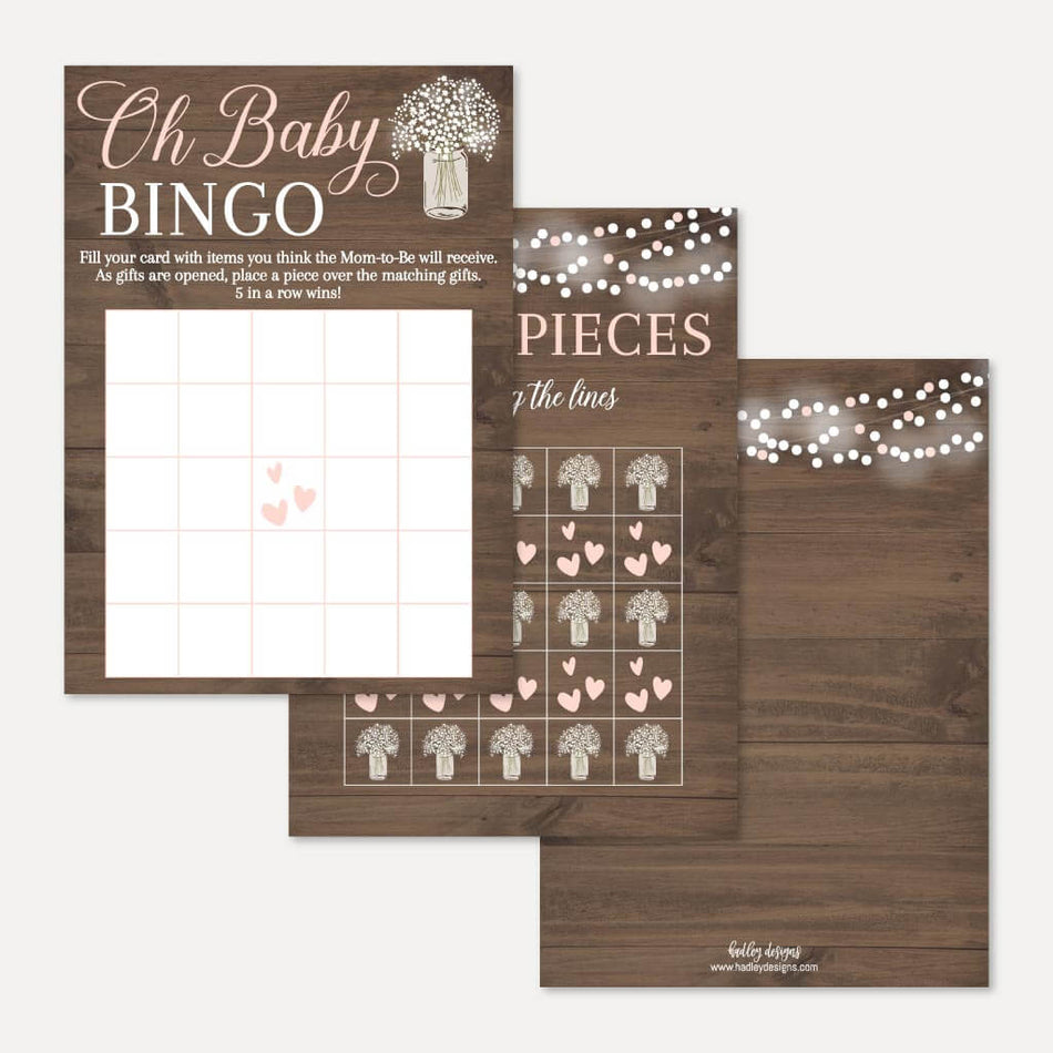 Printable Wood Rustic Floral Girl Baby Shower Bingo Game Template ...