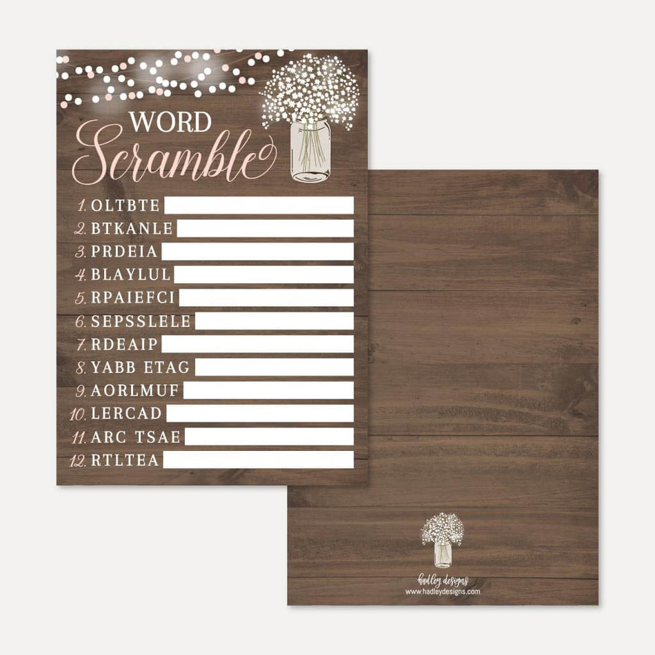 Printable Wood Rustic Floral Girl Baby Shower Word Scramble Game ...