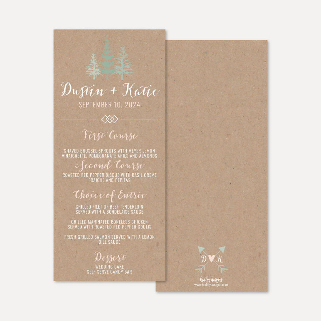 Printable Rustic Pine Tree Outdoor Wedding Menu Template | Hadley Designs