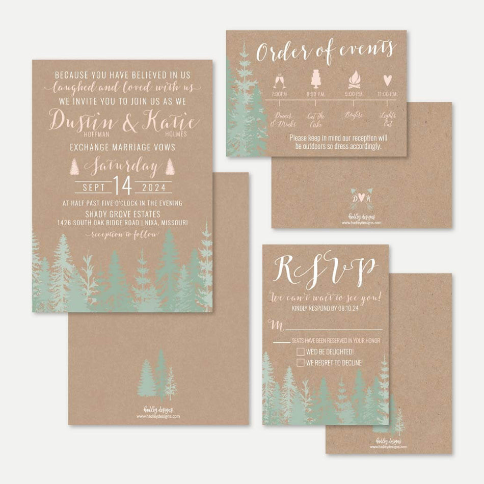 Printable Rustic Pine Tree Outdoor Wedding Invitation, RSVP, and ...