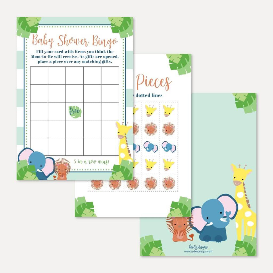 Printable Safari Baby Shower Bingo Game Template | Hadley Designs