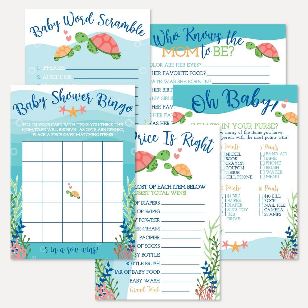 Printable Sea Turtle Baby Shower Bingo Game Template Hadley Designs