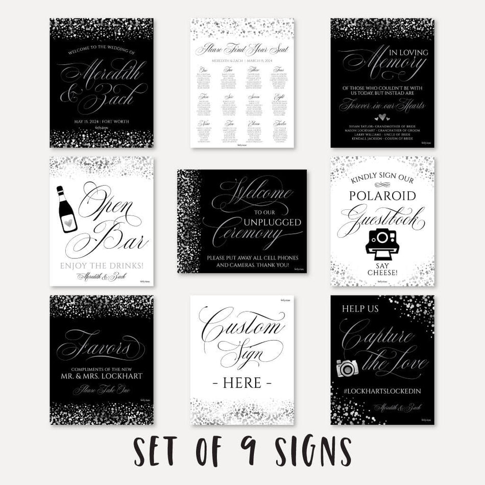 Printable Silver Dots Black Wedding Signs Set Templates | Hadley Designs