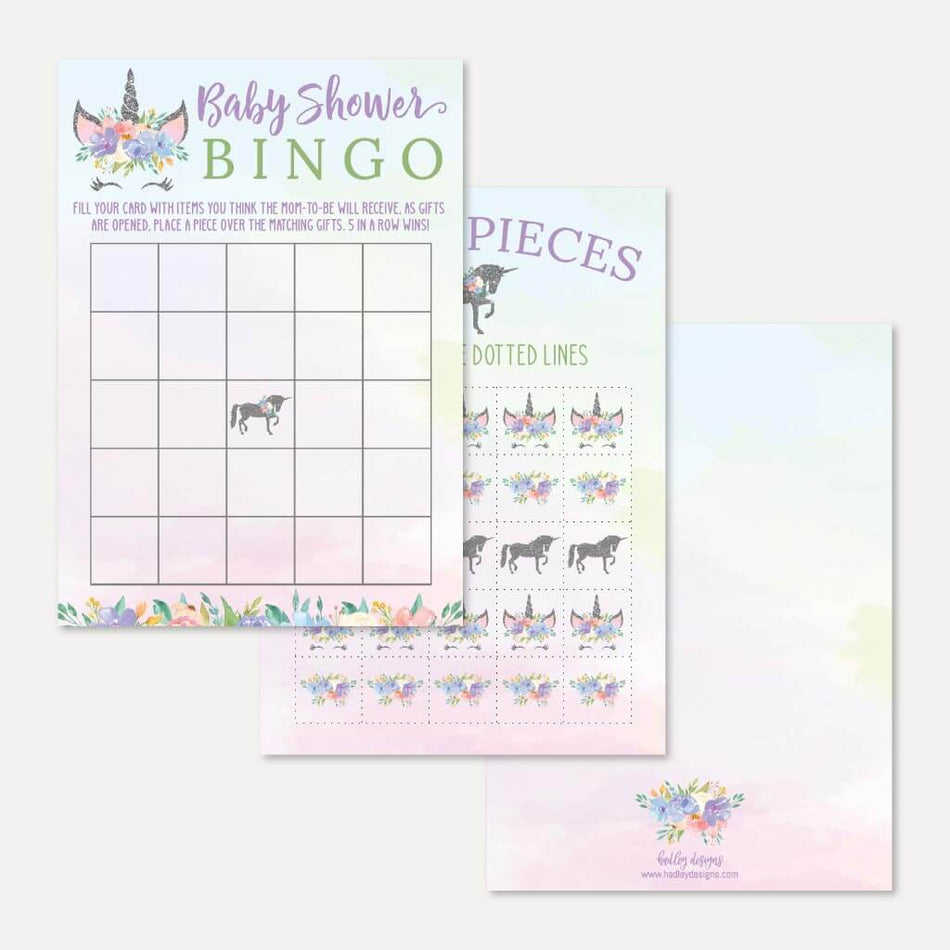 Printable Silver Glitter Unicorn Baby Shower Bingo Game Template ...