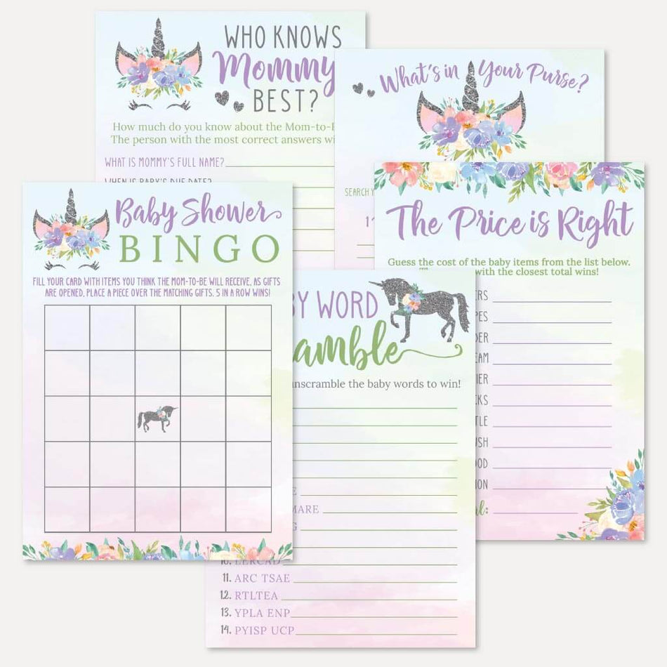 Printable Silver Glitter Unicorn Baby Shower Game Set Templates ...