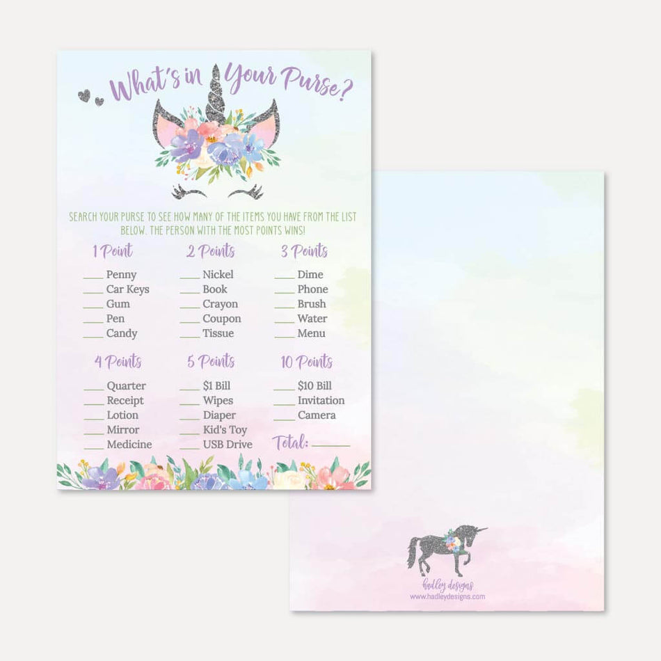 Printable Silver Glitter Unicorn Baby Shower What's In Your Purse? Game ...