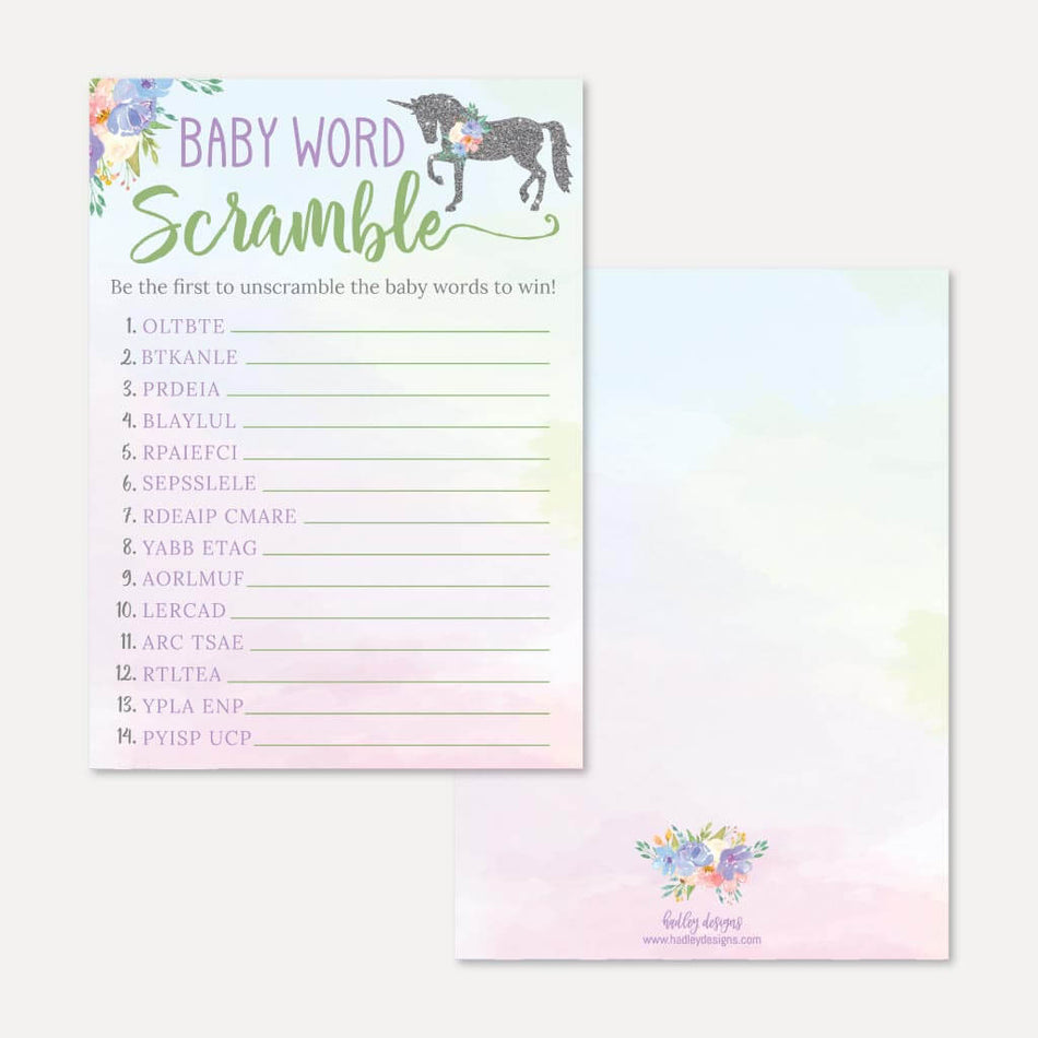 Printable Silver Glitter Unicorn Baby Shower Game Set Templates ...