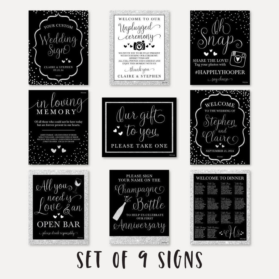 Printable Silver Glitter Black Elegant Wedding Signs Set Template ...