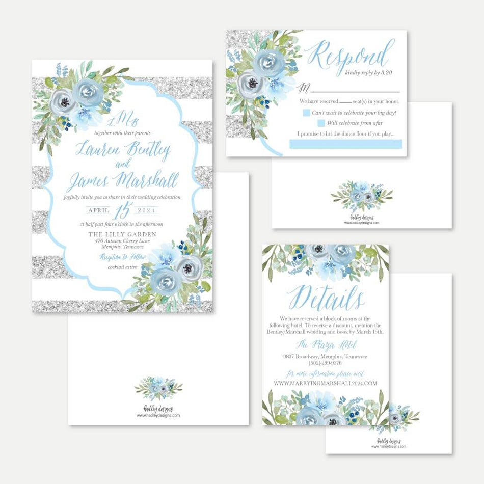 Printable Silver Glitter Striped Blue Floral Wedding Invitation, RSVP ...