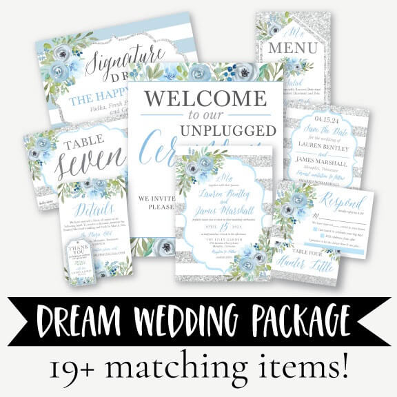 Printable Silver Glitter Striped Blue Floral Wedding Complete Package ...
