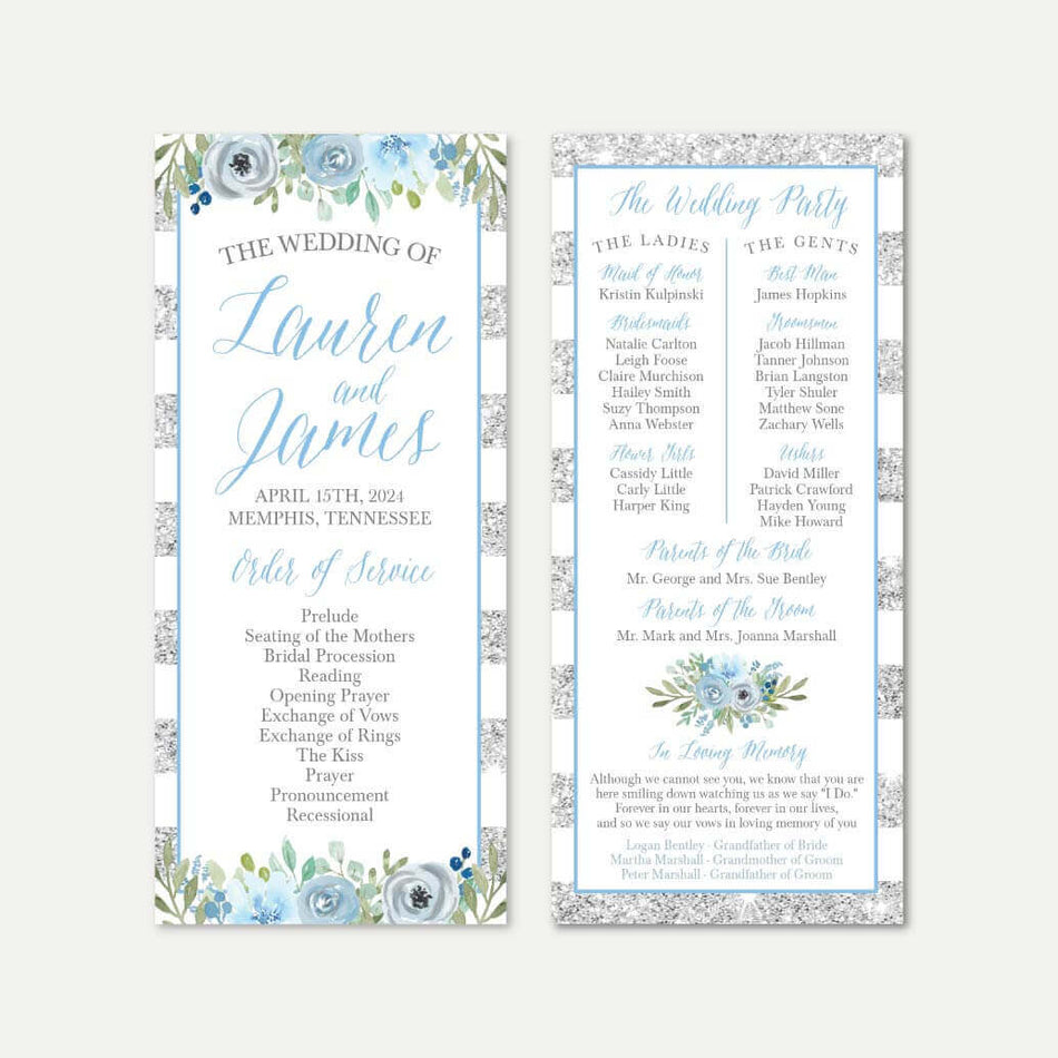 Printable Silver Glitter Striped Blue Floral Wedding Program Template | Hadley Designs - Printables