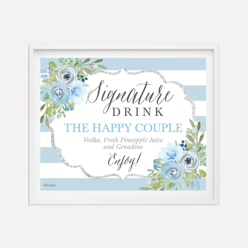 Printable Silver Glitter Striped Blue Floral Wedding Bar Menu Sign ...