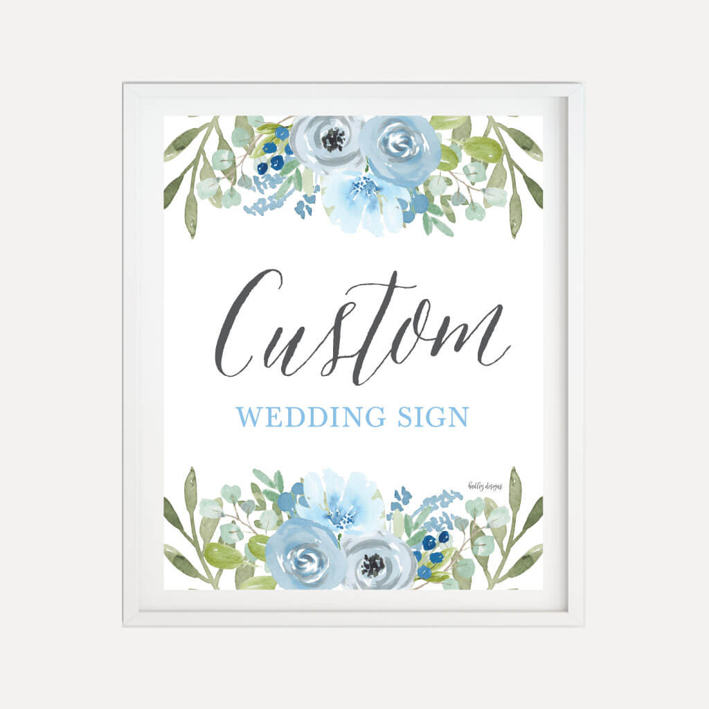 Printable Silver Glitter Striped Blue Floral Wedding Custom Sign ...