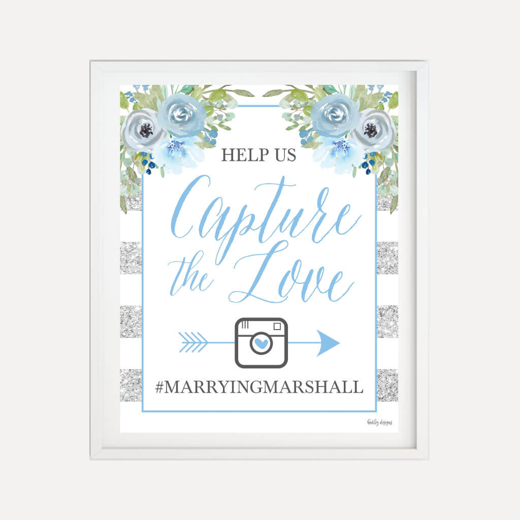 Printable Silver Glitter Striped Blue Floral Wedding Hashtag Sign ...