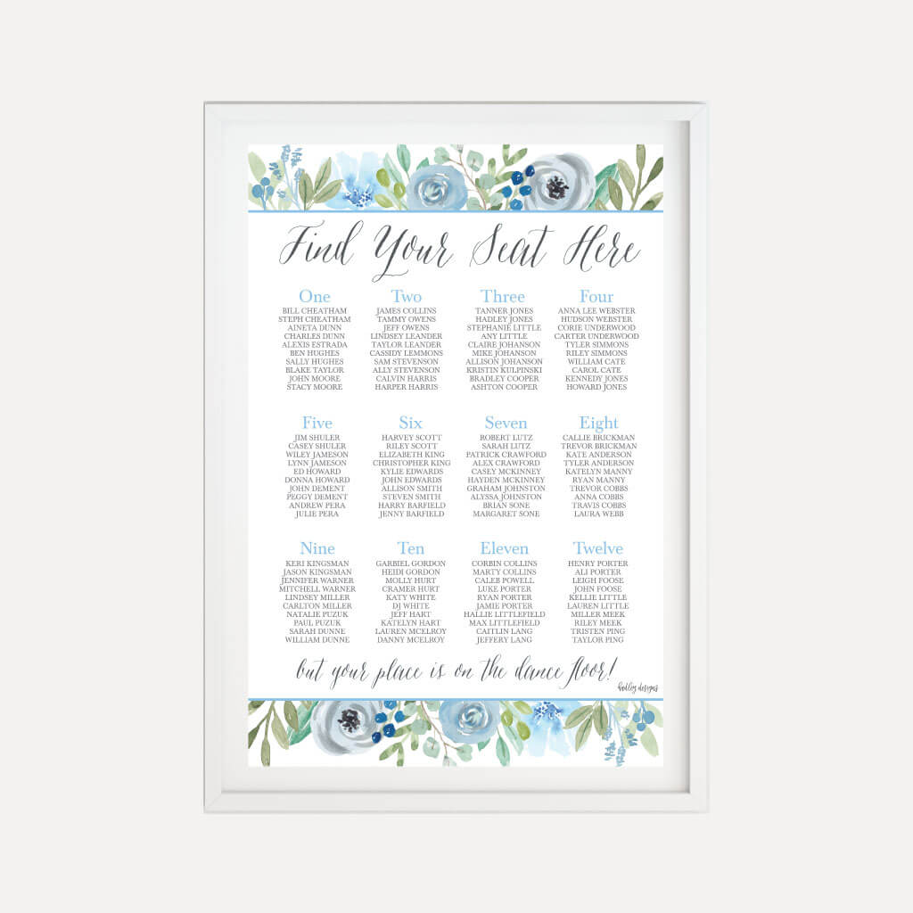 Printable Silver Glitter Striped Blue Floral Wedding Seating Chart Sign ...