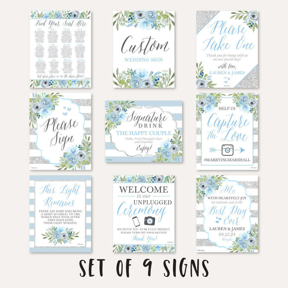 Printable Silver Glitter Striped Blue Floral Wedding Signs Set ...