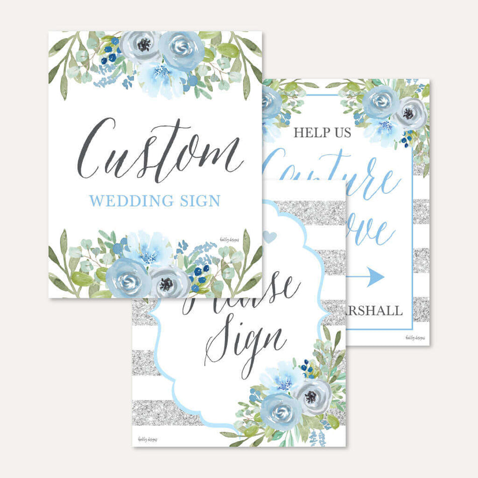Printable Silver Glitter Striped Blue Floral Wedding Signs Set ...