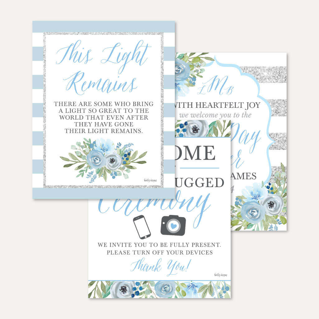 Printable Silver Glitter Striped Blue Floral Wedding Signs Set ...