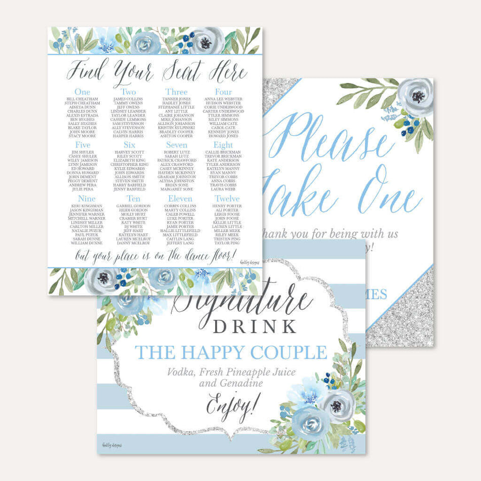 Printable Silver Glitter Striped Blue Floral Wedding Signs Set ...