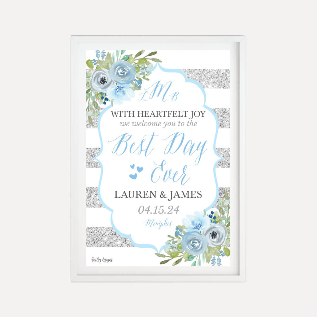 Printable Silver Glitter Striped Blue Floral Wedding Welcome Sign ...