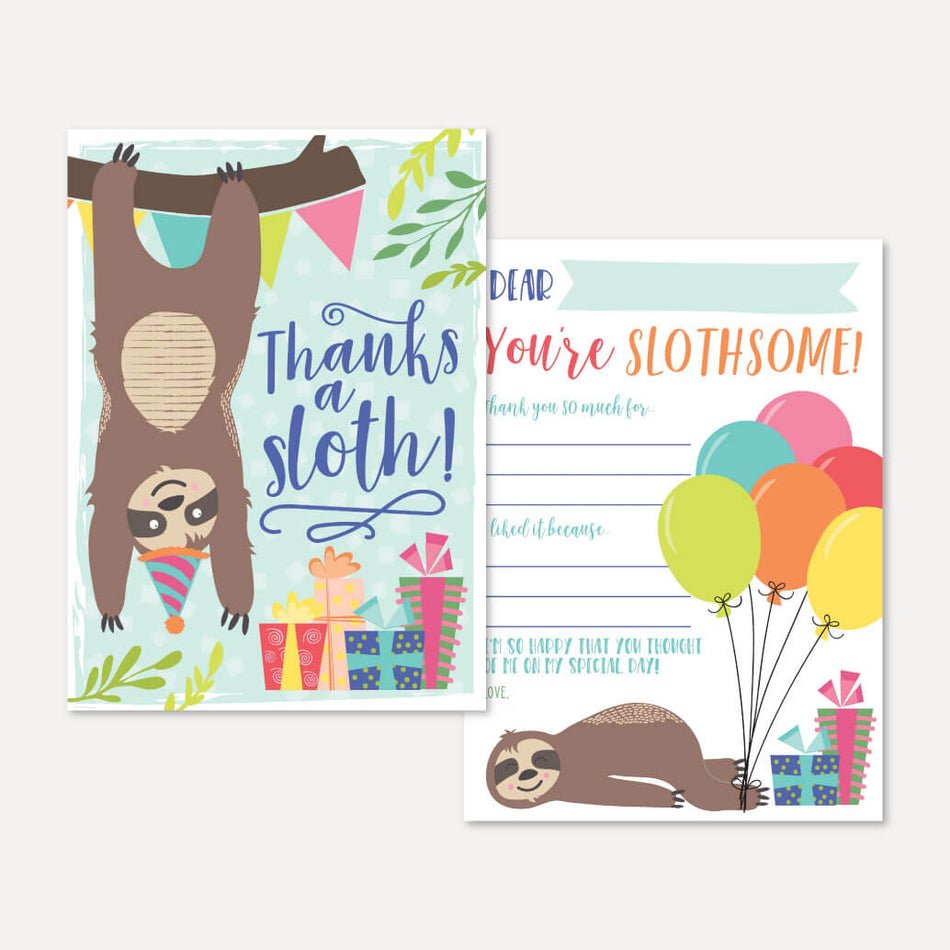 Printable Sloth Kids Party Fill In The Blank Thank You Card Template ...