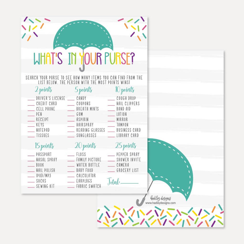 Printable Sprinkle Baby Shower What's In Your Purse? Game Template ...