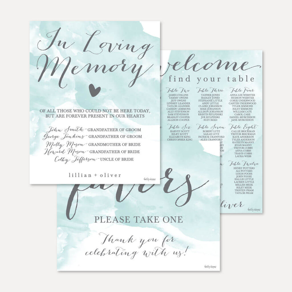 Printable Teal Watercolor Splash Wedding Signs Set Templates | Hadley ...