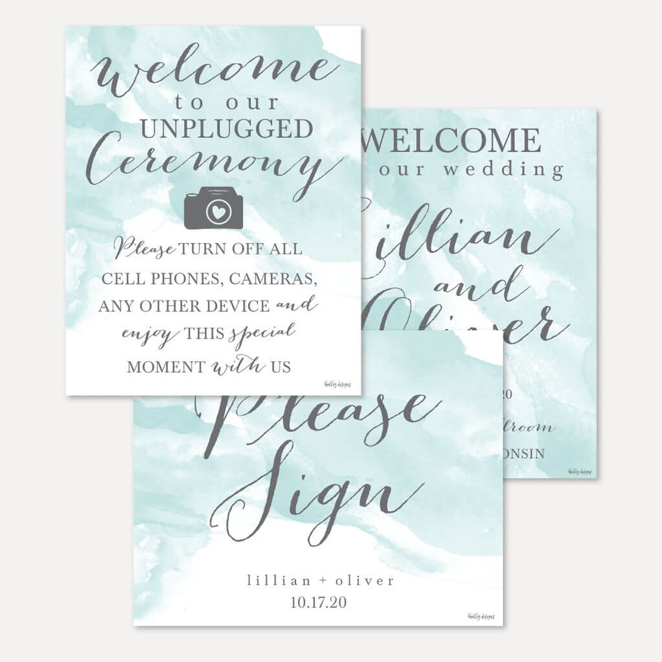 Printable Teal Watercolor Splash Wedding Signs Set Templates | Hadley ...
