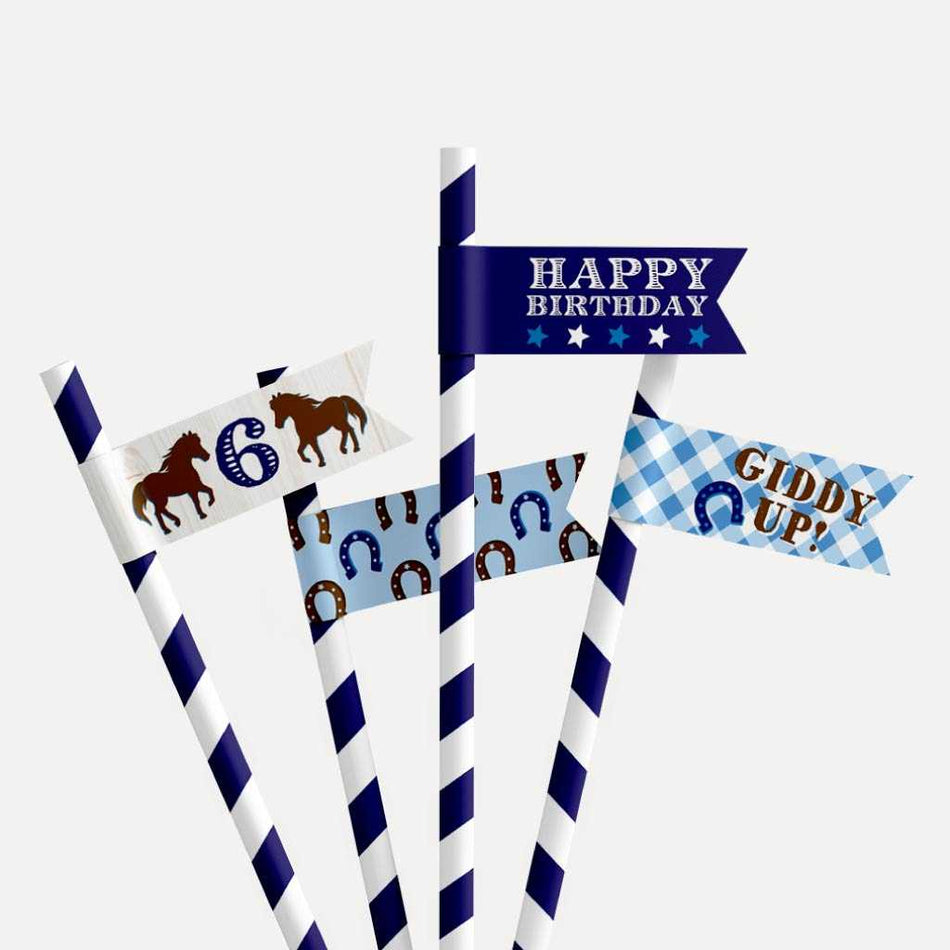 Printable Blue Horse Kids Party Straw Flags Template | Hadley Designs ...