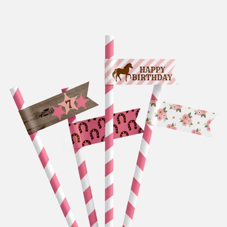 Printable Pink Horse Kids Party Straw Flags Template | Hadley Designs ...