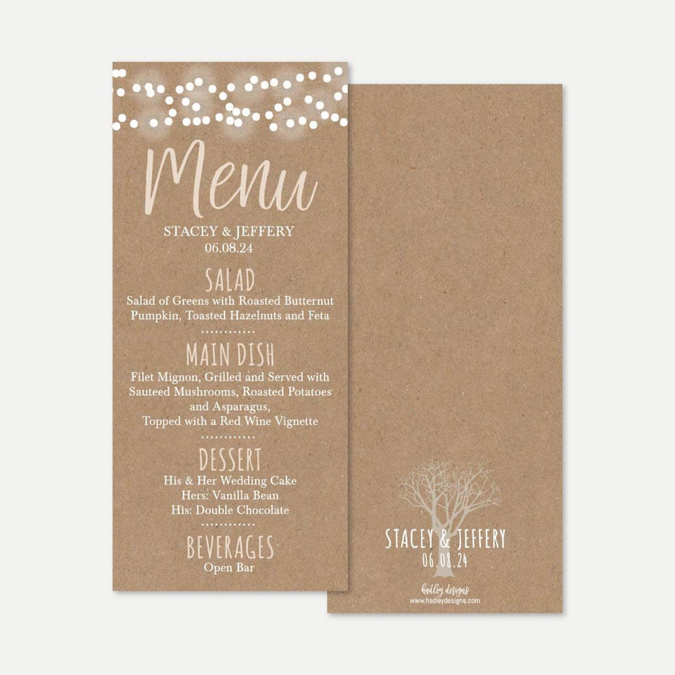 Printable Tree Lights Kraft Rustic Wedding Menu Template | Hadley Designs - Printables