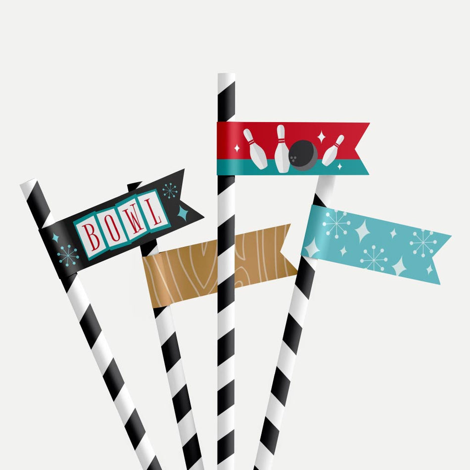 Printable Vintage Bowling Kids Party Straw Flags Template | Hadley ...